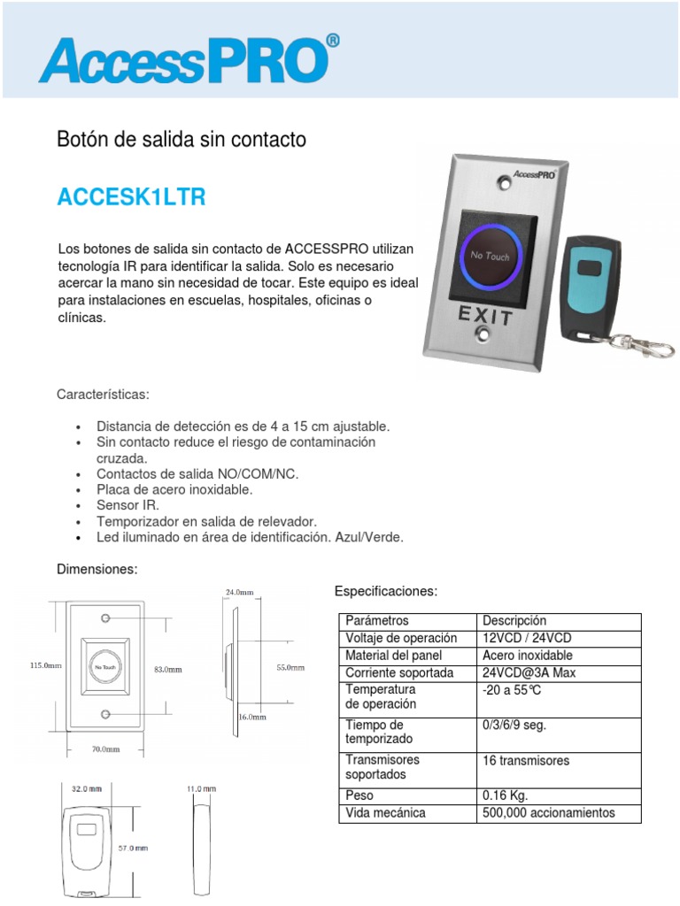 Botón de Salida Sin Contacto ACCESSPRO | PDF | Diodo emisor de luz ...