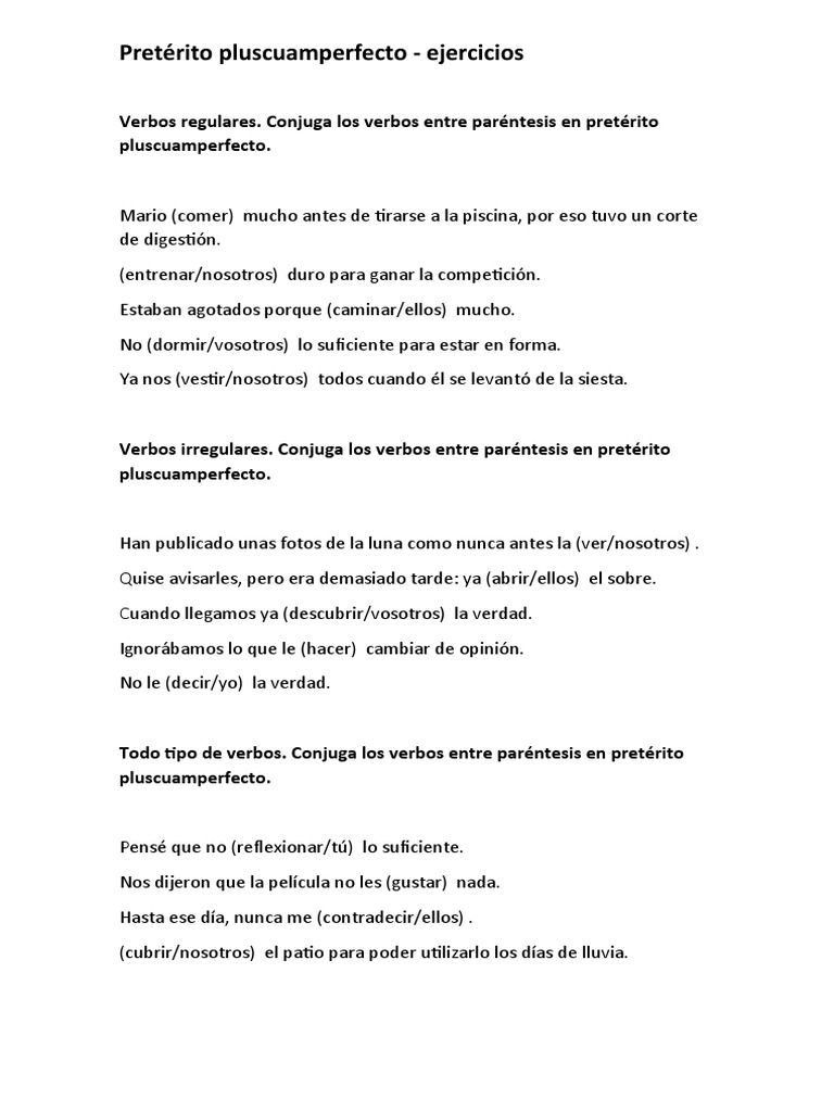 Ejercicios de pretérito pluscuamperfecto | PDF