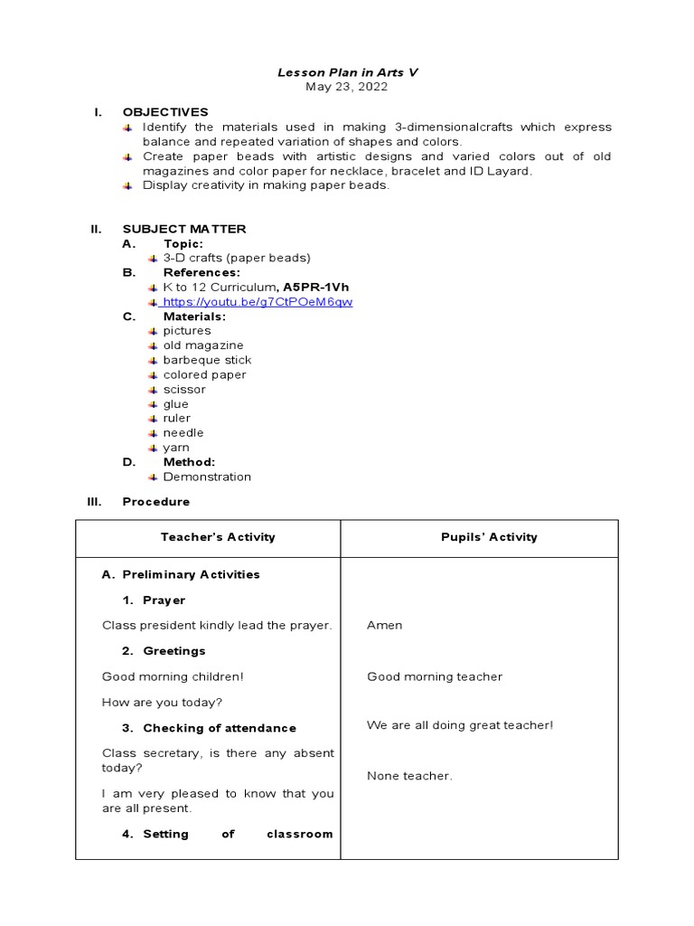 Detailed Lesson Plan in Arts | PDF | Bead | Teachers