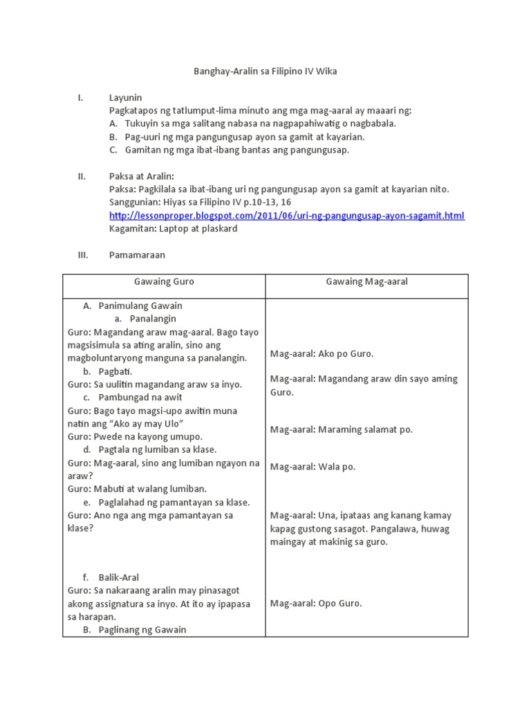 Grade 4 Filipino Lesson Plan | PDF