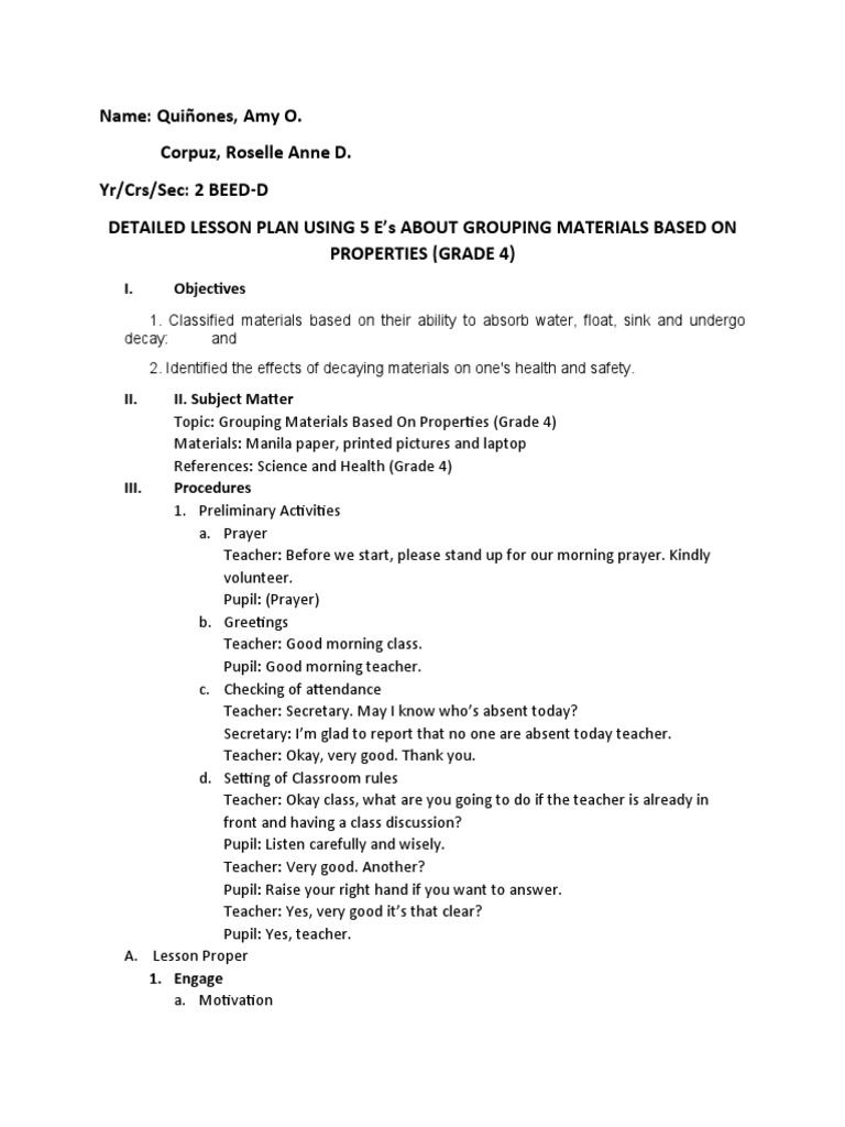 5E Lesson Plan: Grouping Materials (Grade 4) | PDF | Decomposition ...