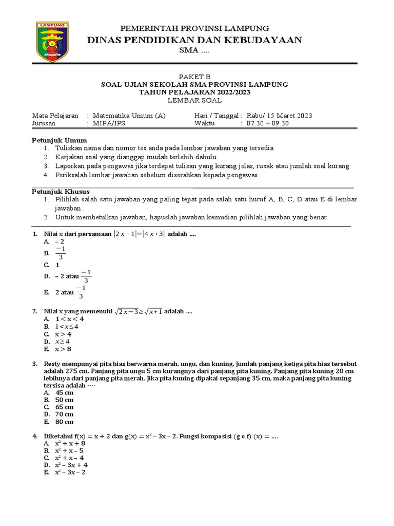 Latihan SOAL US MATEMATIKA UMUM (A) SMA TP 2023 | PDF
