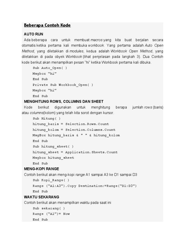 Beberapa Contoh Kode VBA Excel | PDF