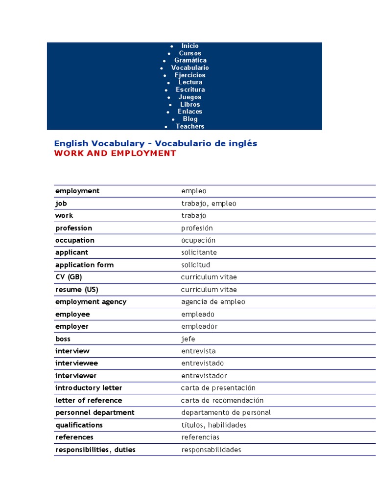 Vocabulary Work & Employment | PDF | Empleo | Reclutamiento