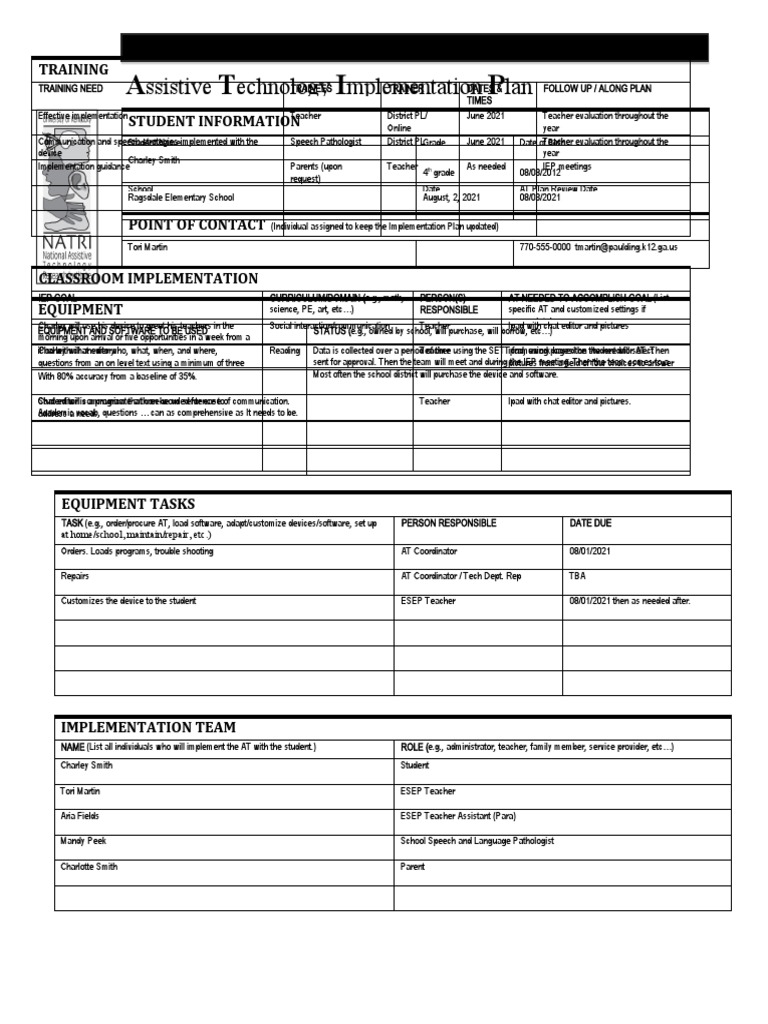 At Implementation Plan | PDF | Individualized Education Program | Teachers