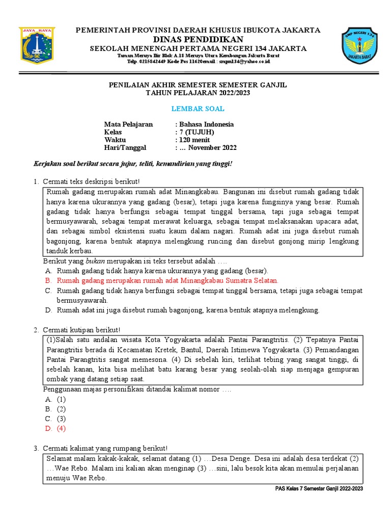 Soal Pas Ganjil Bahasa Indonesia Kelas 7 Sem Ganjil 2022 | PDF