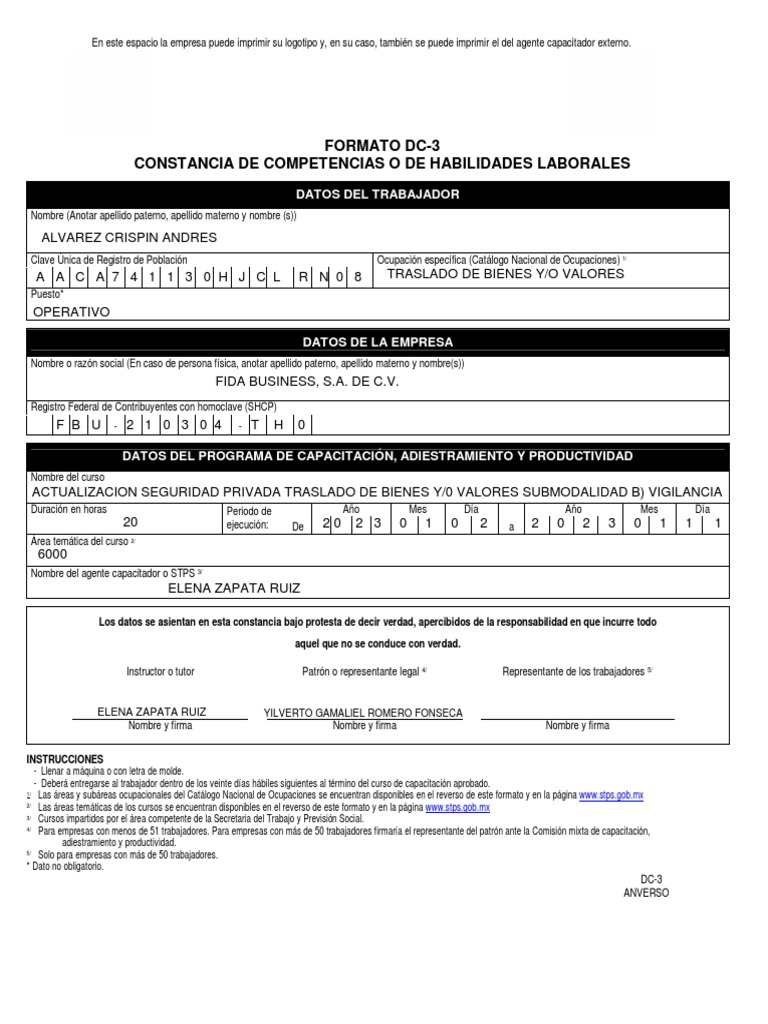 Constancia de Competencias Laborales DC-3 | PDF