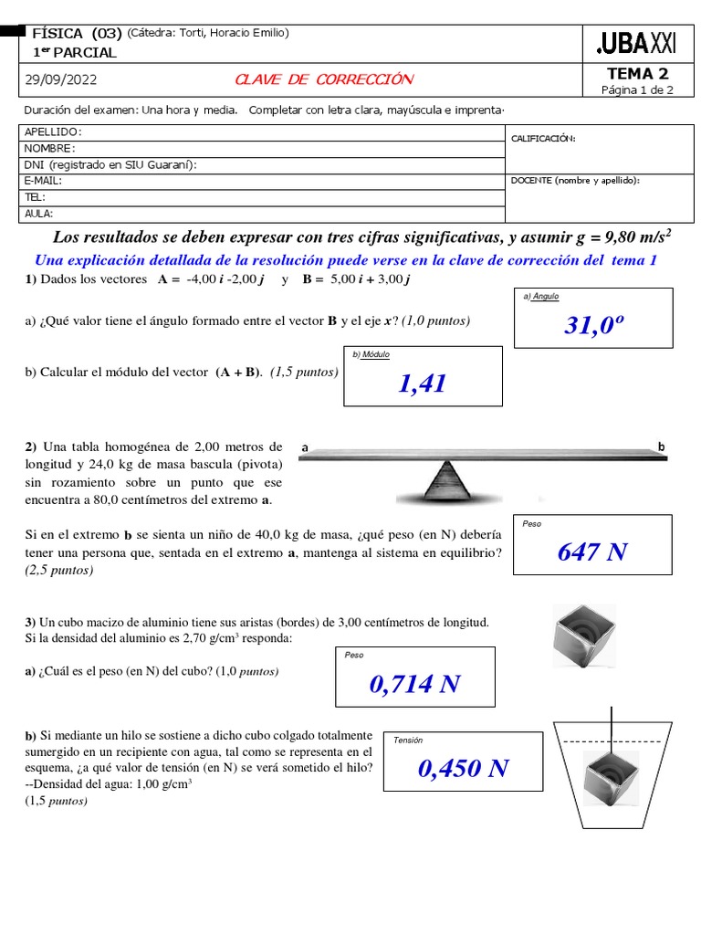 FÍSICA - CLAVE DE CORRECCIÓN Primer Parcial 2022-2 TEMA 2 | PDF | Ciencias fisicas | Física ...
