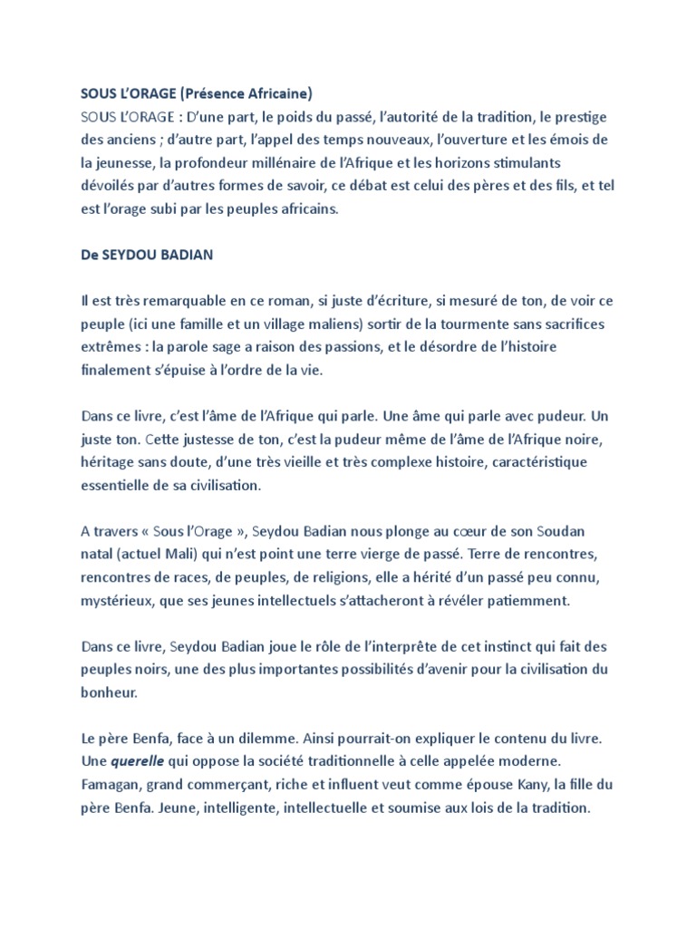 Conflit des générations dans Sous l'Orage | PDF | Afrique