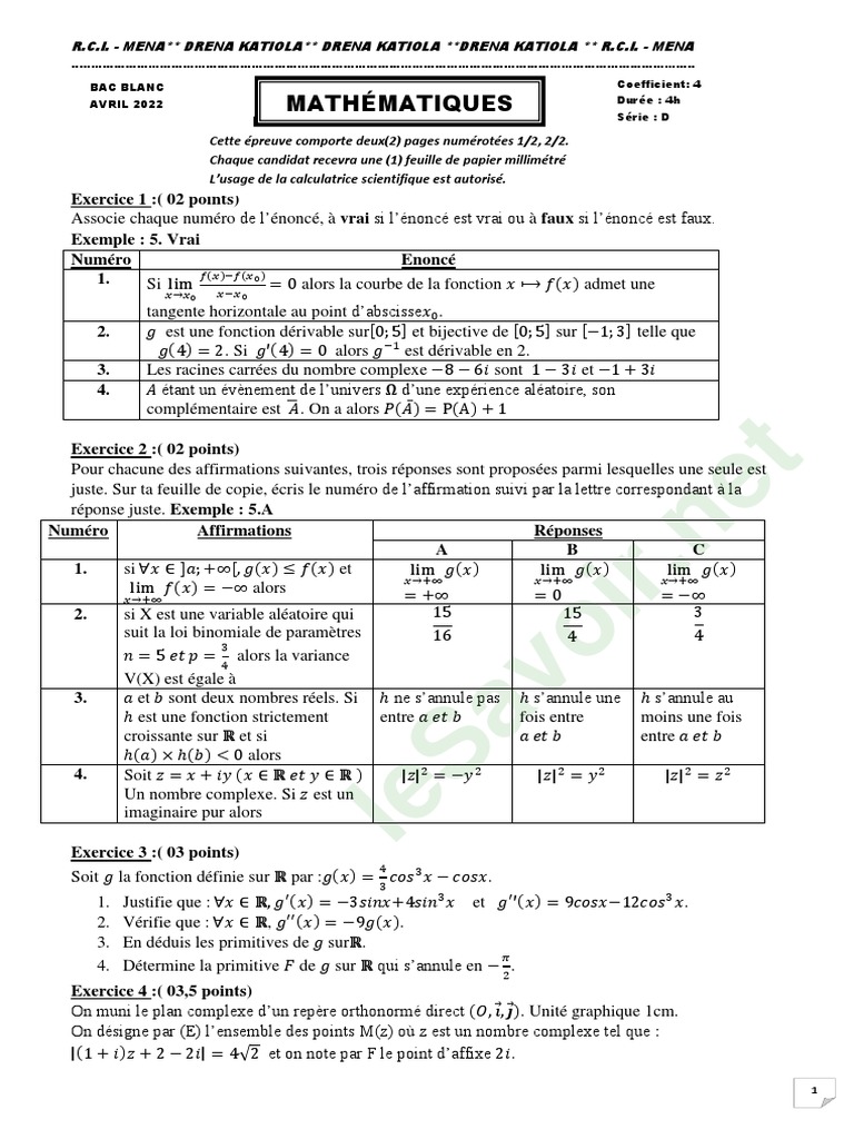 22 BACblanc MATH TD DrenKatiola | PDF | Nombre complexe | Mathématiques