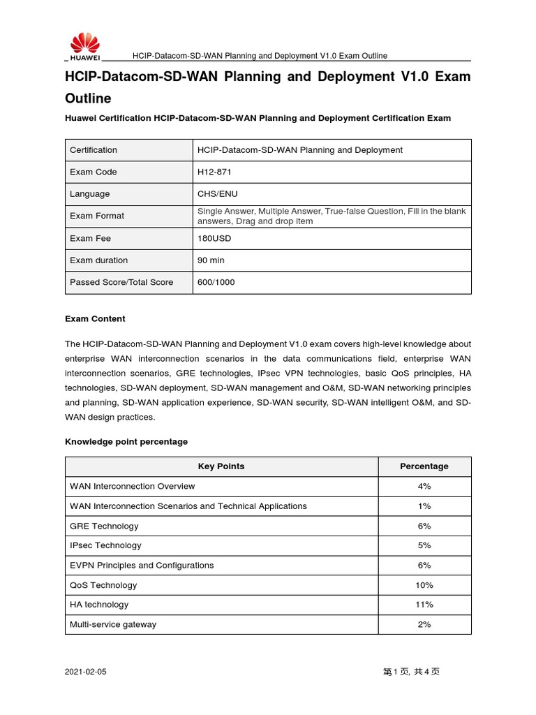 HCIP-Datacom-SD-WAN Planning and Deployment V1.0 Exam Outline | PDF | Computer Network | Network ...