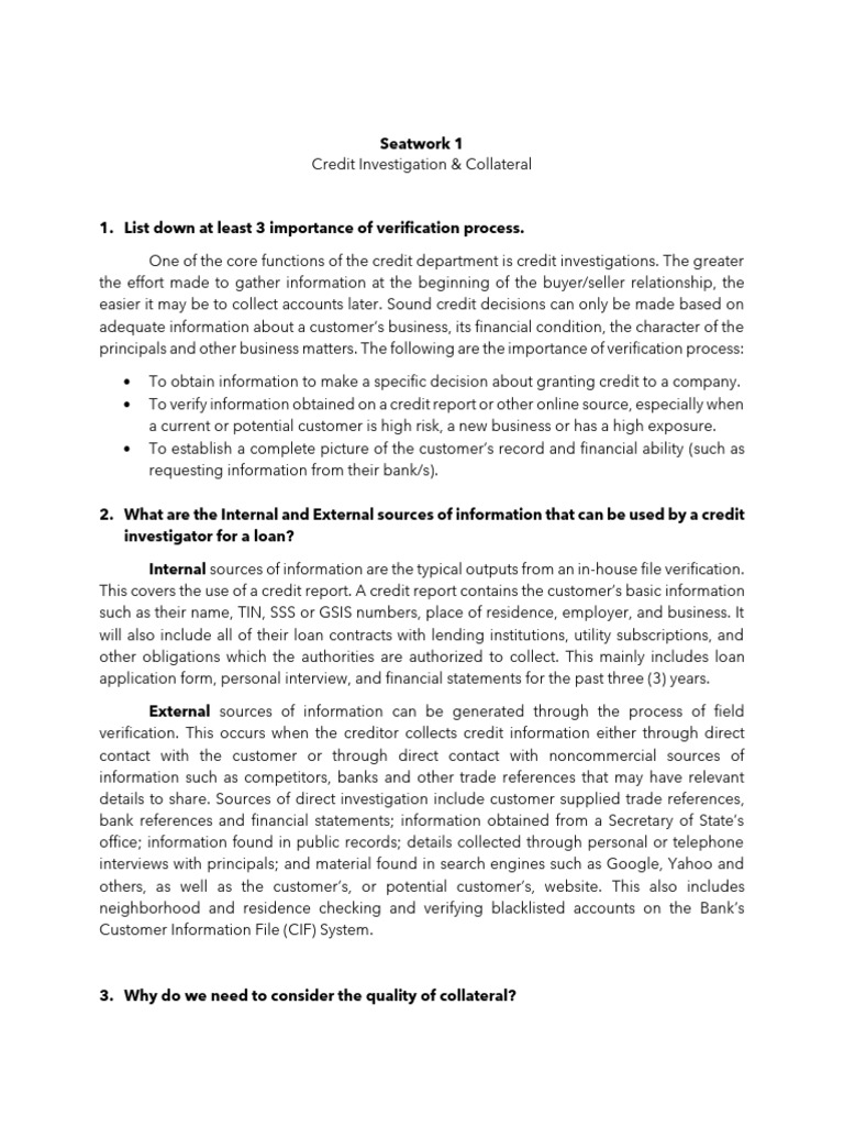 Credit Investigation and Collateral | PDF | Loans | Finance & Money ...