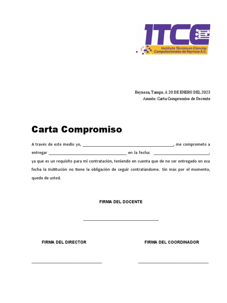 Carta Compromiso Entrega de Documentos Pendientes Itcc | PDF