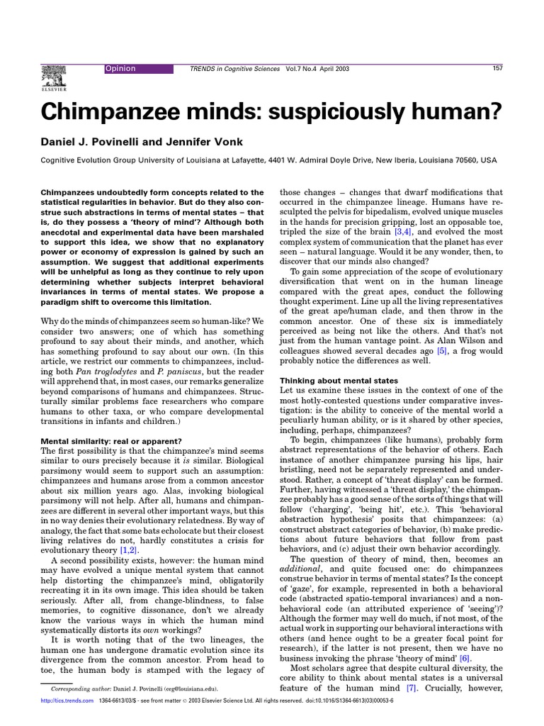 Chimpanzees and Human-Like Minds | PDF | Mind | Theory Of Mind