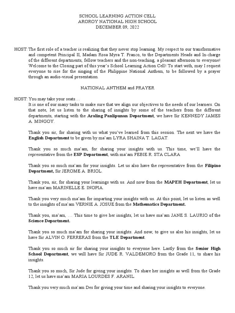 SCHOOL LEARNING ACTION CELL Script | PDF | Change | Teaching