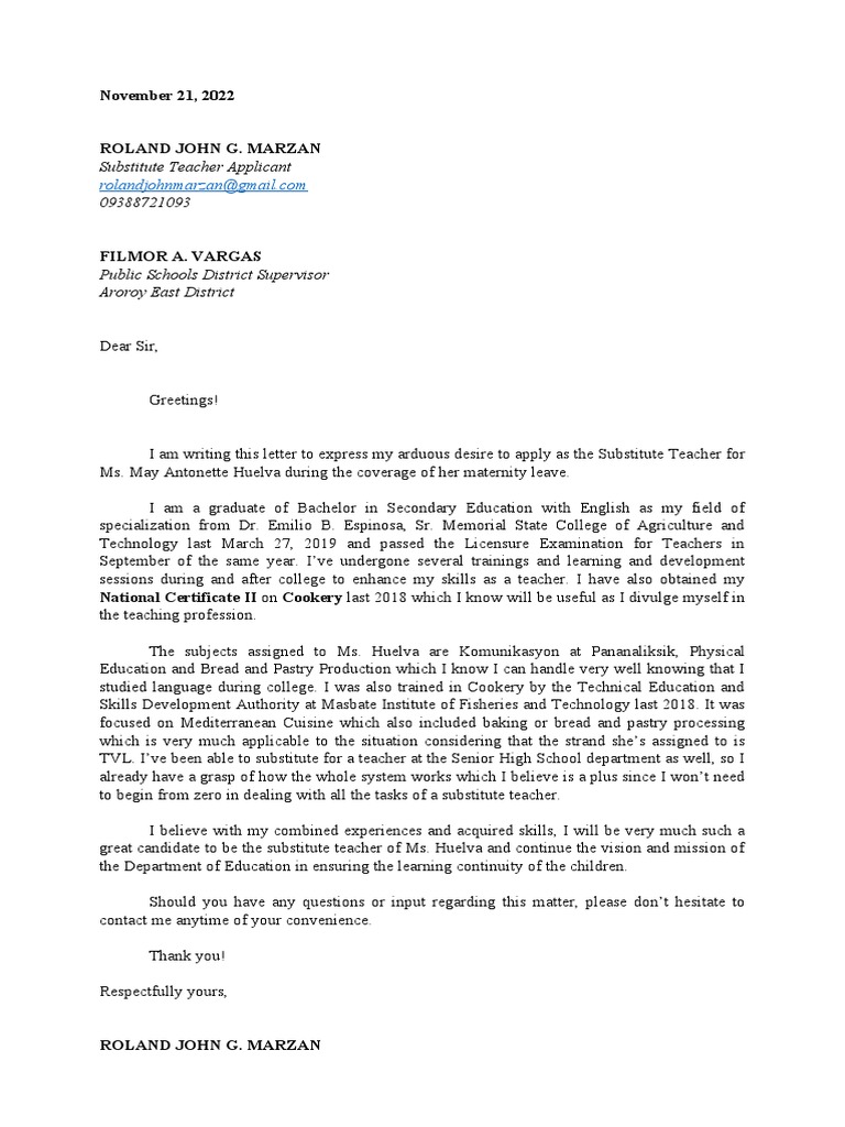 Substitute Teacher Application Letter | PDF