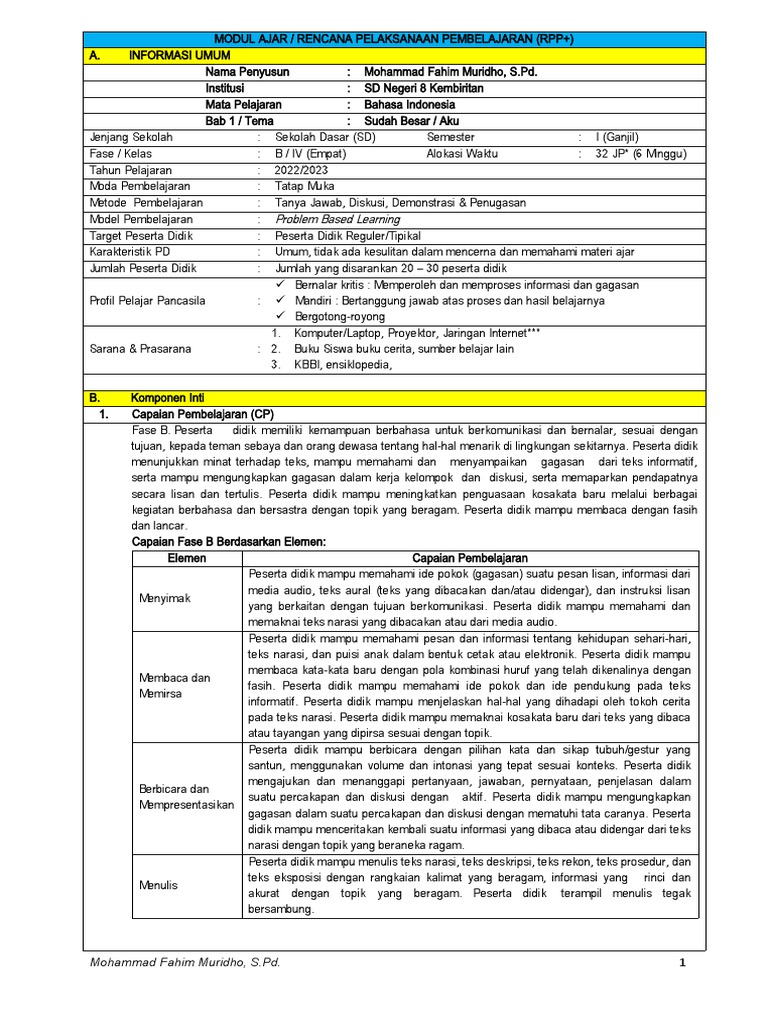 Modul Ajar Bindo KLS Iv SMS 1 | PDF