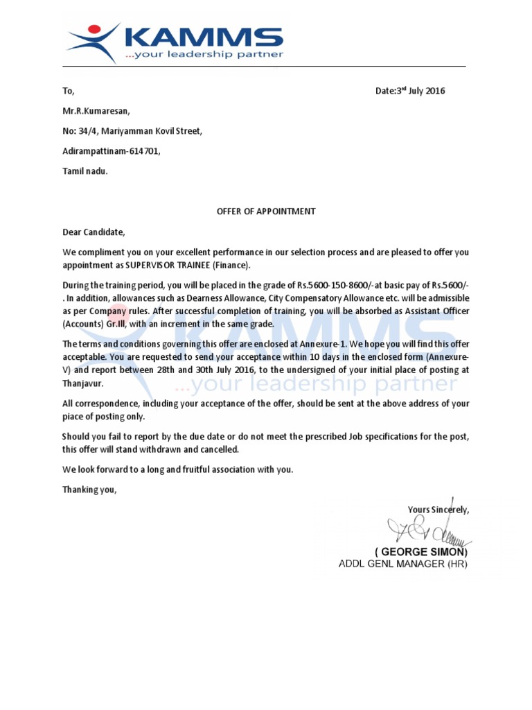 Offer of Appointment and Promotion: Document Detailing the Hiring and ...