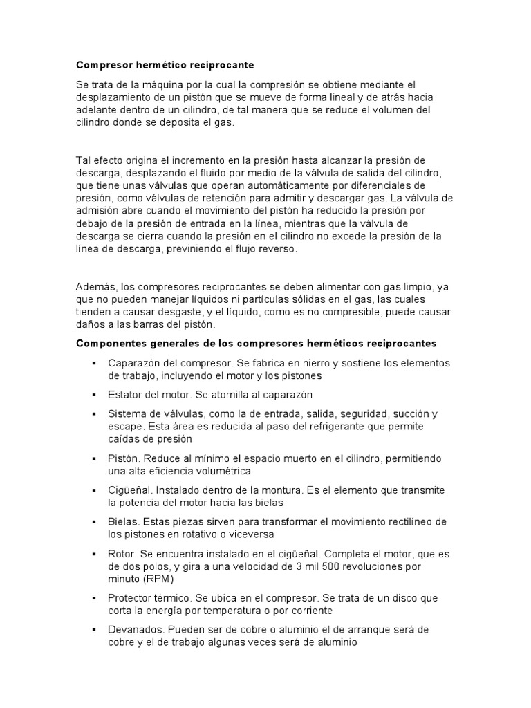 Compresor Hermético Reciprocante: Función y Partes | PDF | Pistón | Presión
