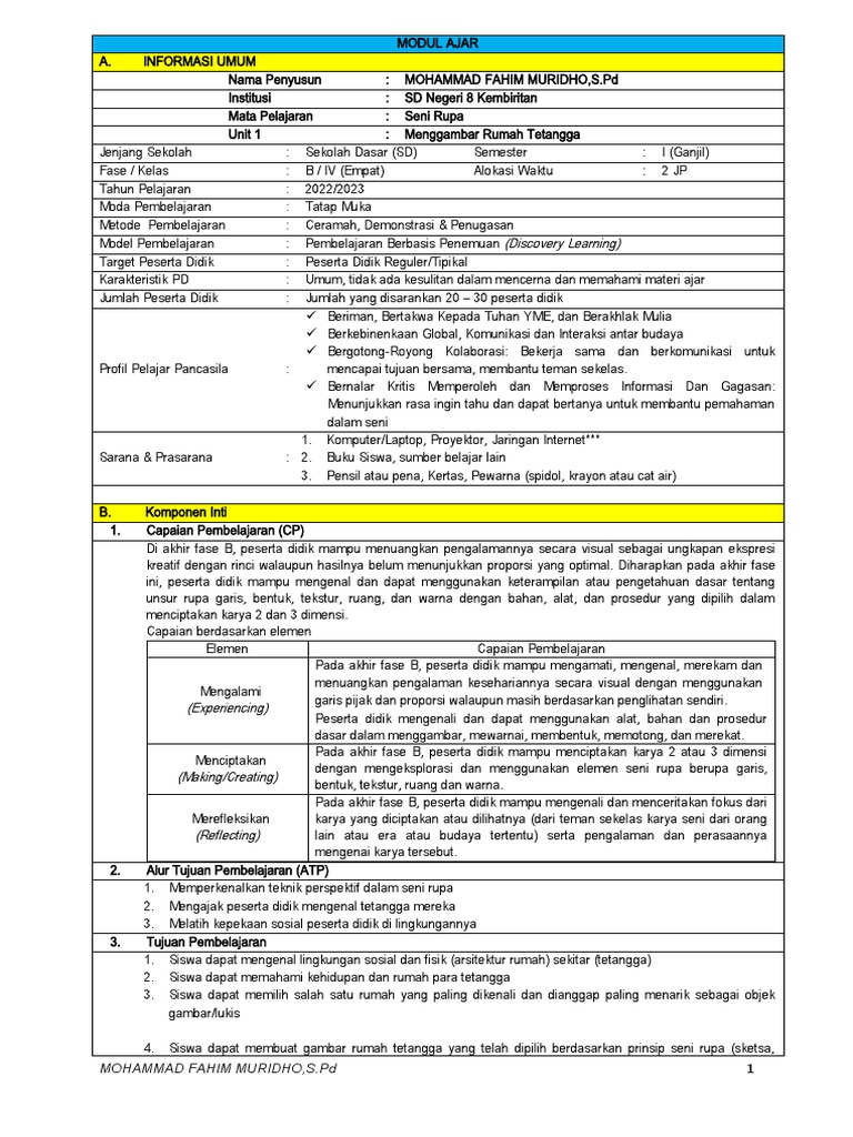 Modul Ajar Seni Rupa KLS Iv SMS 1 | PDF