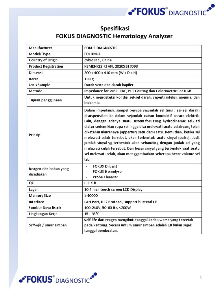 Spesifikasi FOKUS Diagnostic Hematology Analyzer | PDF