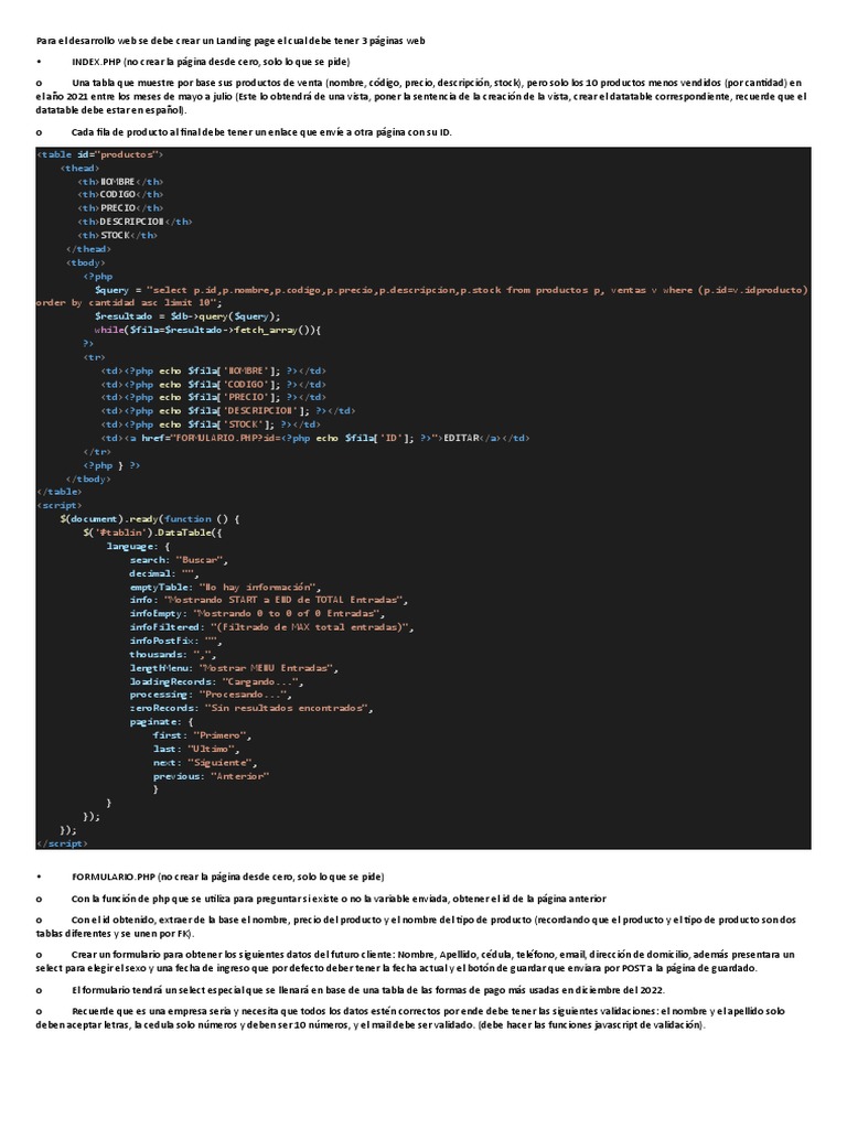 Thead TH TH TH TH TH TH TH TH TH TH Thead Tbody ?PHP: Nombre Codigo Precio Descripcion Stock ...