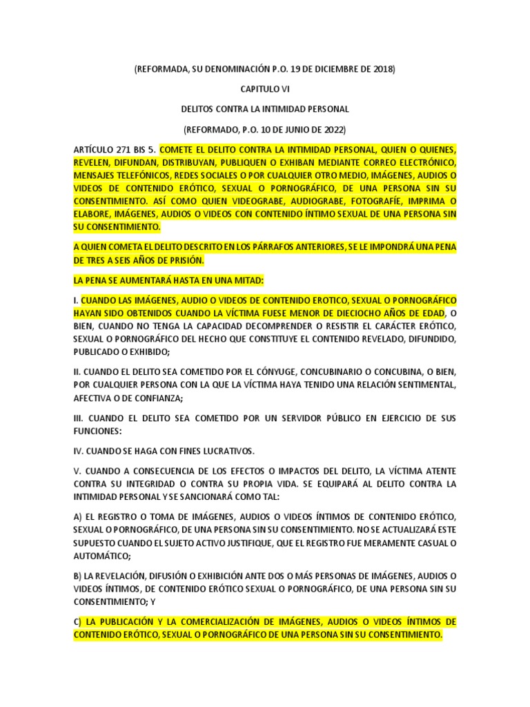 Codigo Penal para El Estado de Nuevo León Articulo 271 Bis 5 | PDF | Erotismo | Castigos
