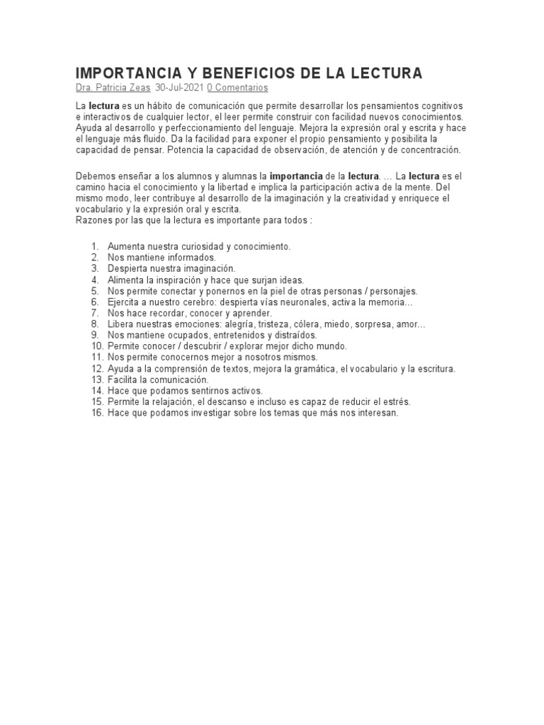 Beneficios y Importancia de la Lectura | PDF