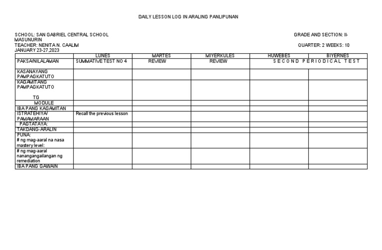 Daily Lesson Log in Araling Panlipunan Template | PDF