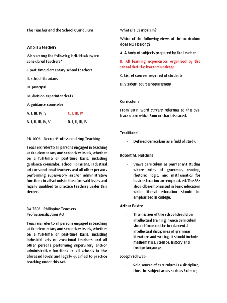 The Teacher and The School Curriculum Notes | PDF | Curriculum | Evaluation