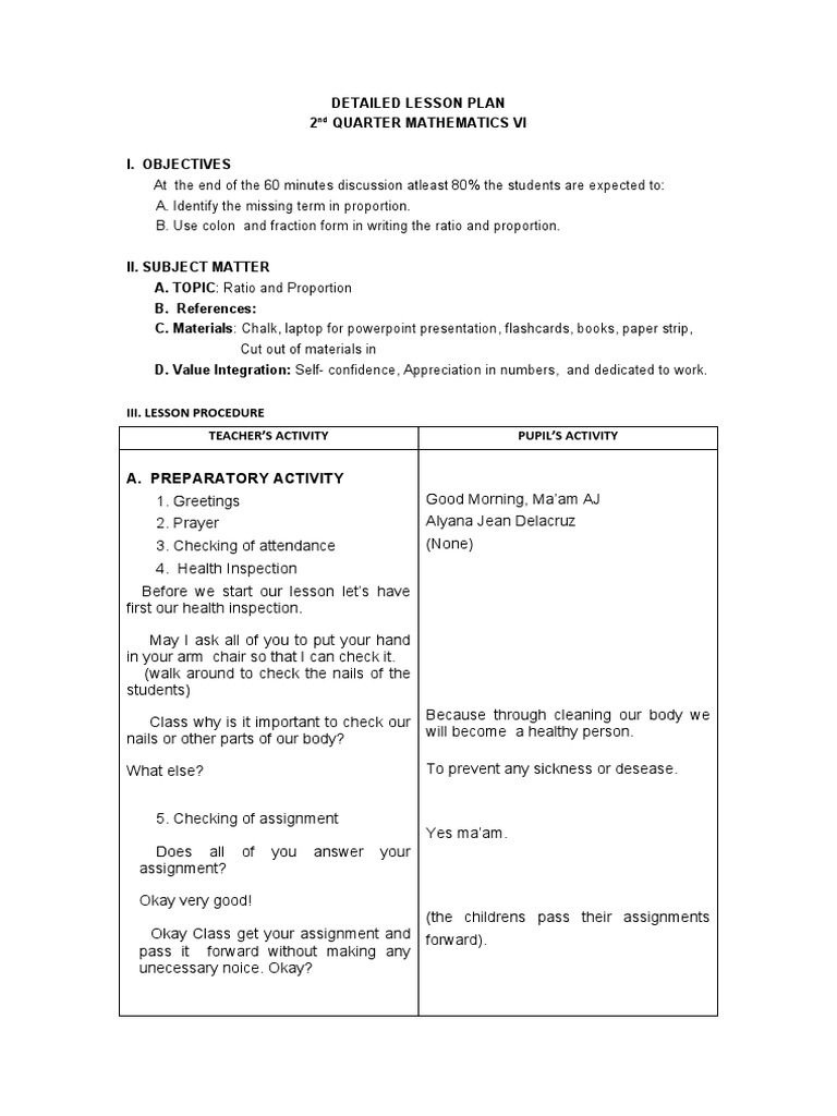 Detailed Lesson Plan Math 6 Q3 | PDF | Ratio | Multiplication