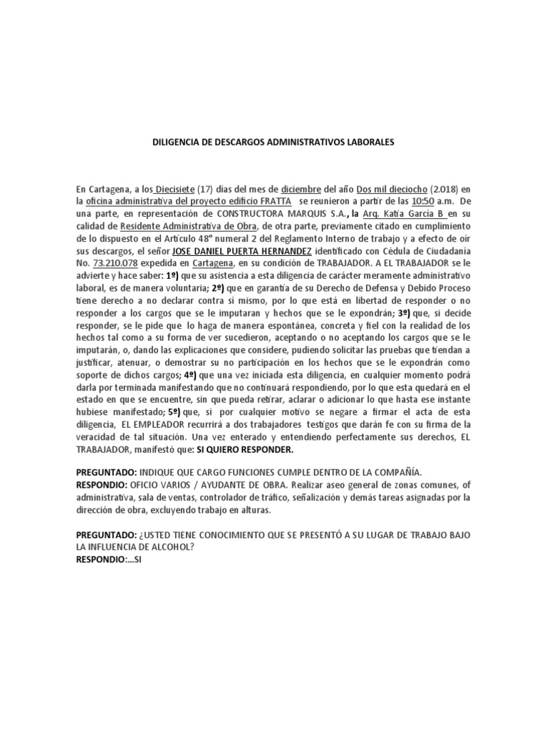 Modelo Diligencia De Descargos Administrativos Laborales Pdf