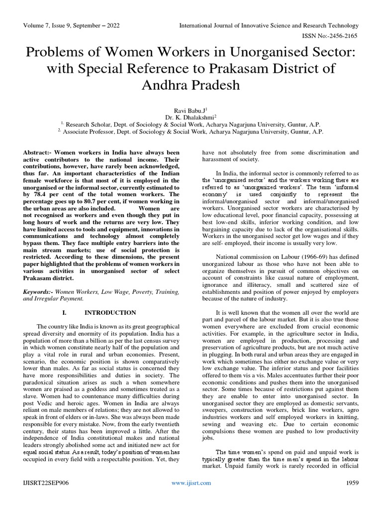 Problems of Women Workers in Unorganised Sector With Special Reference To Prakasam District of ...