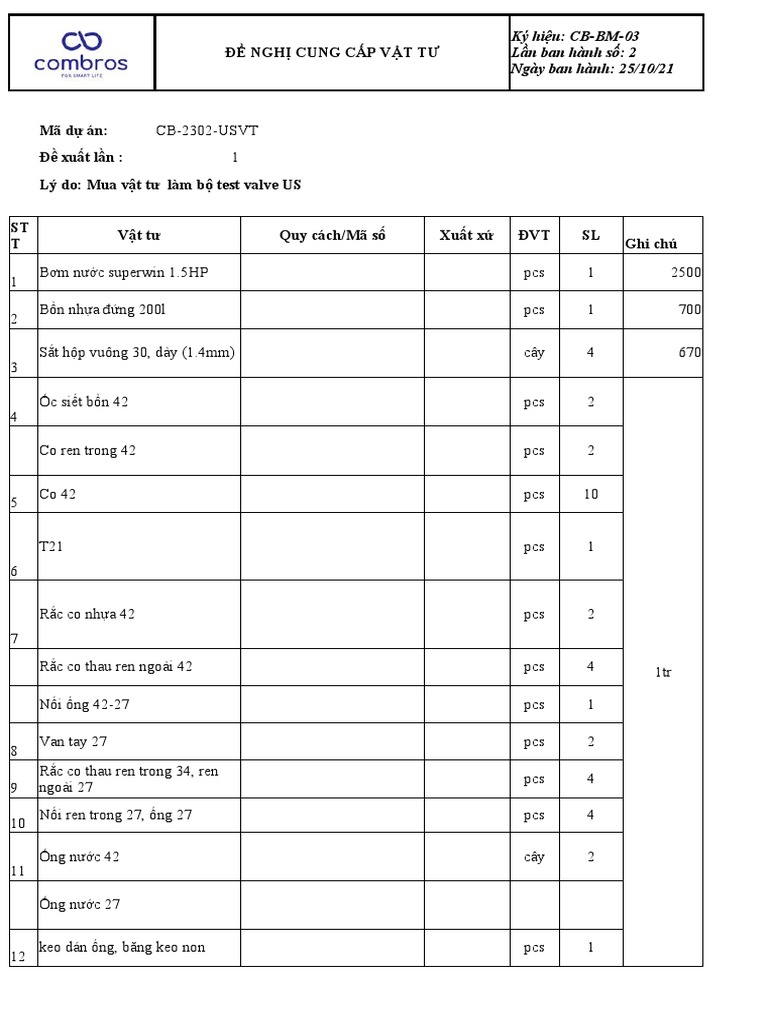 Cb-2302-Usvt - đề Nghị Cung Cấp Vật Tư - 1 | PDF