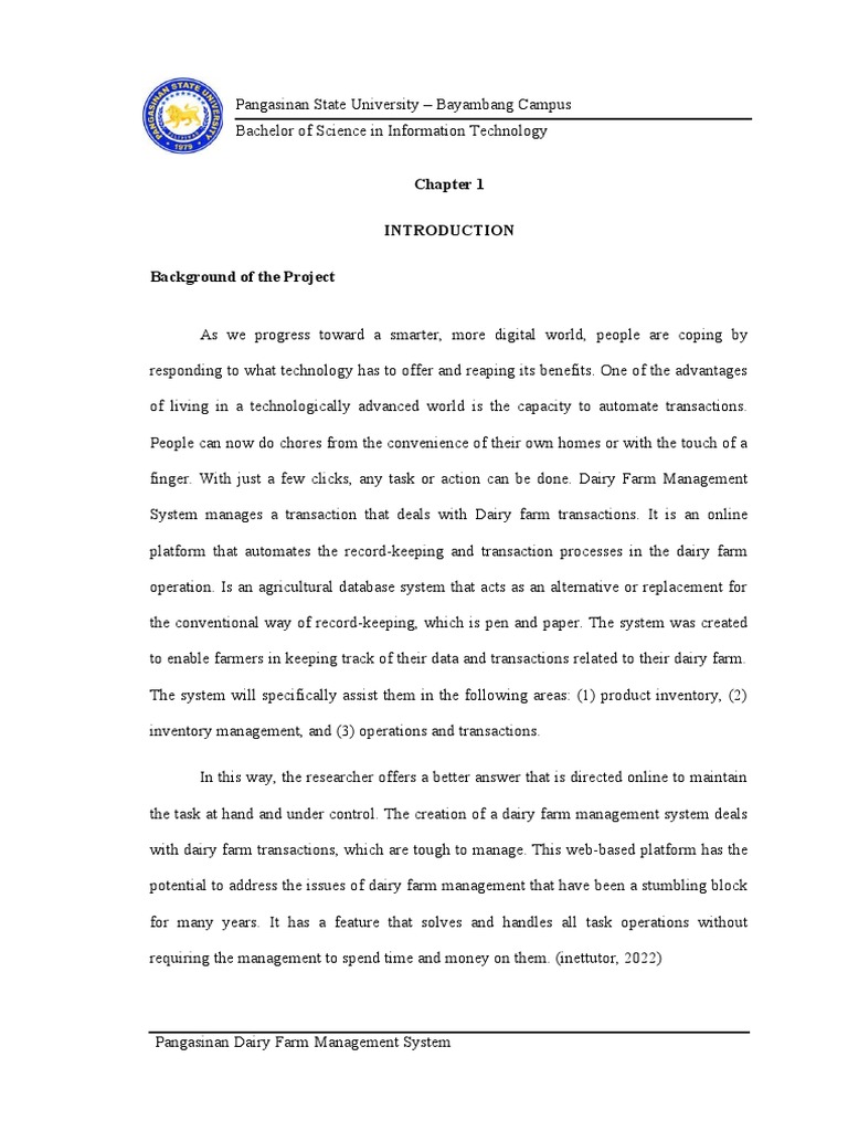 Dairy Farm Management System Chapter1 | PDF | Dairy | Information