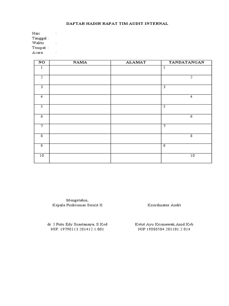 Daftar Hadir Rapat Tim Audit | PDF