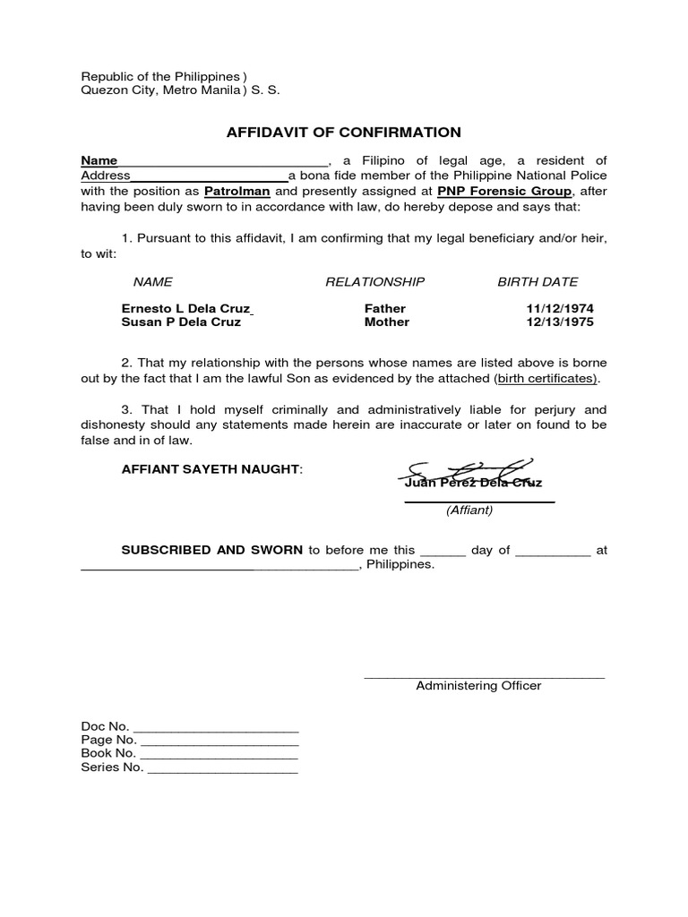 Affidavit of Confirmation (For Cert of Legal Benificiaries) | PDF ...