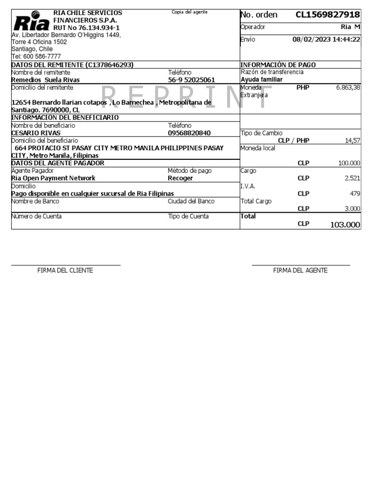 Ria Order Receipt CL1569827918 - 230208 - 162459 | PDF | Dinero | Industrias de servicio