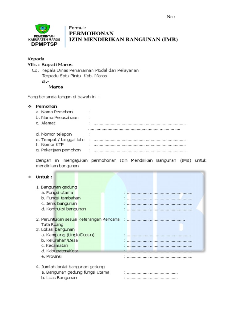 Permohonan Izin Mendirikan Bangunan (Imb) : DPMPTSP | PDF | Hukum