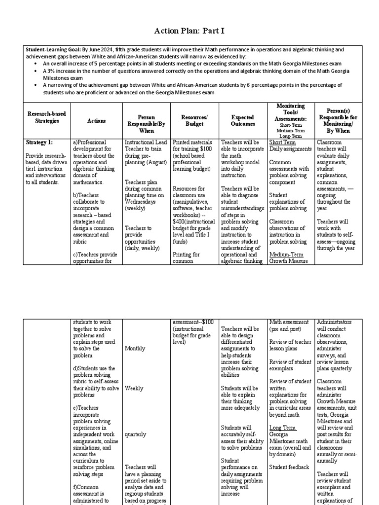 Fifth Grade Math Improvement Action Plan | PDF | Teachers | Educational ...