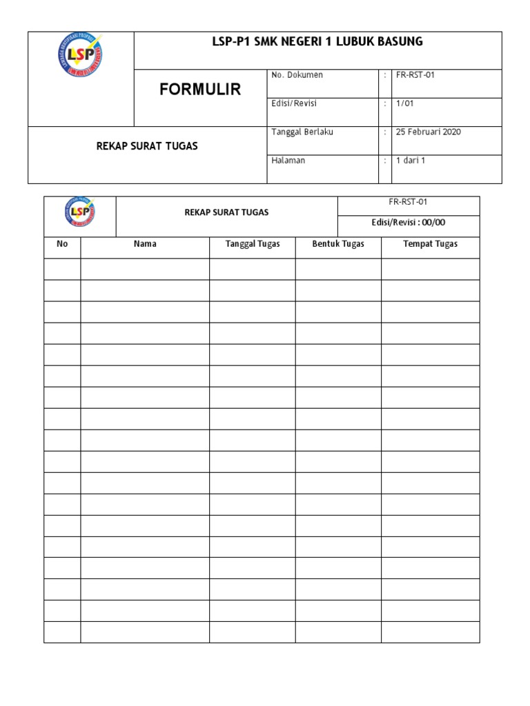 Formulir Rekap Surat Tugas | PDF
