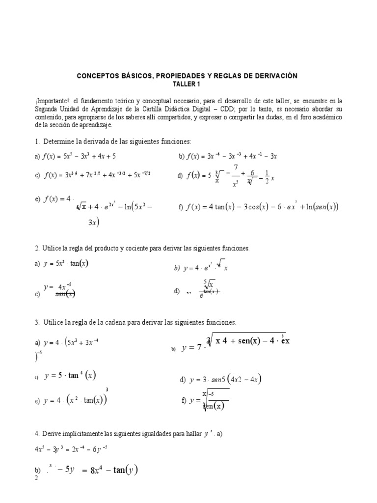 Taller 1 - Conceptos Básicos, Propiedades y Reglas de Derivación | PDF | Sustracción | Calculo ...