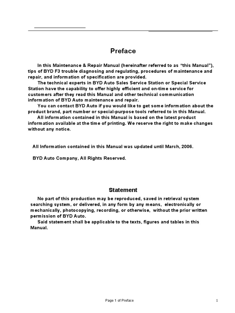 Preface & Introduction - BYD F3 Maintenance & Repair Manual | PDF ...