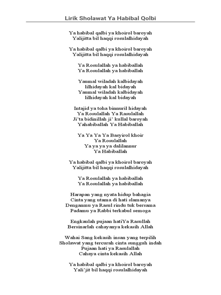 LIRIK Ya Habibal Qalbi Ya Khoirol Baroyah | PDF