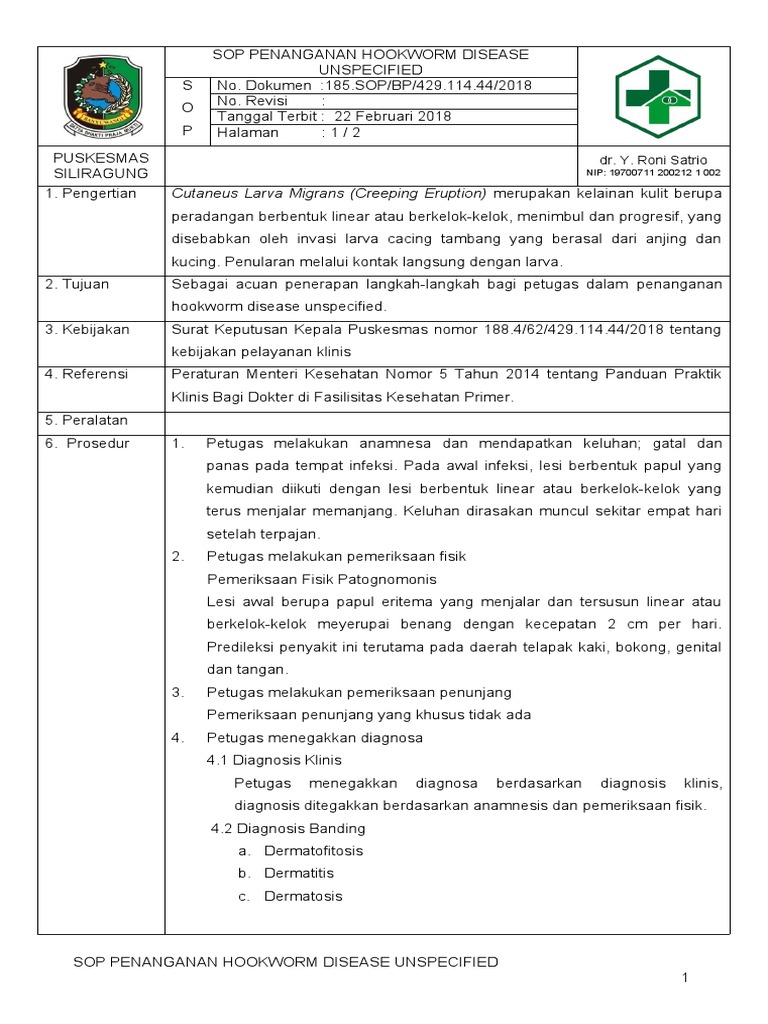 185 SOP PENANGANAN HOOKWORM DISEASE UNSPECIFIED | PDF