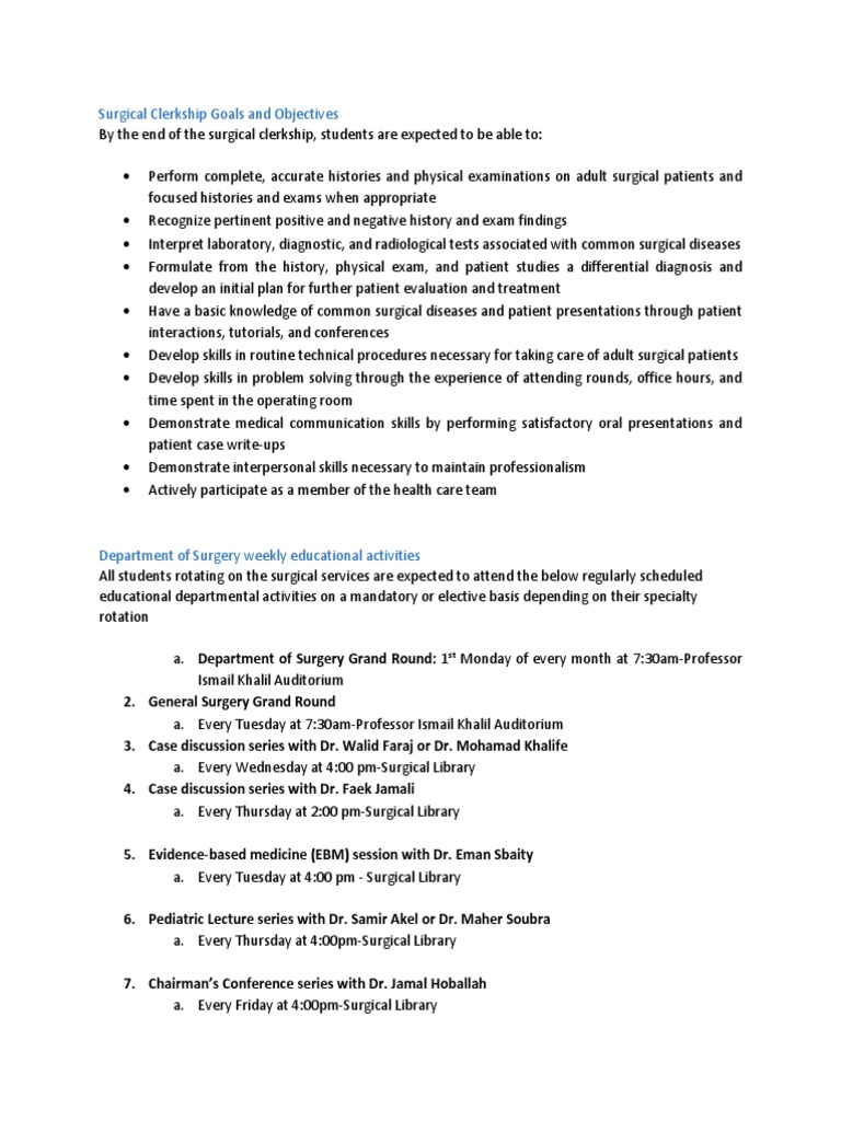 Surgical Clerkship Goals and Objectives | PDF | Neurosurgery | Surgery
