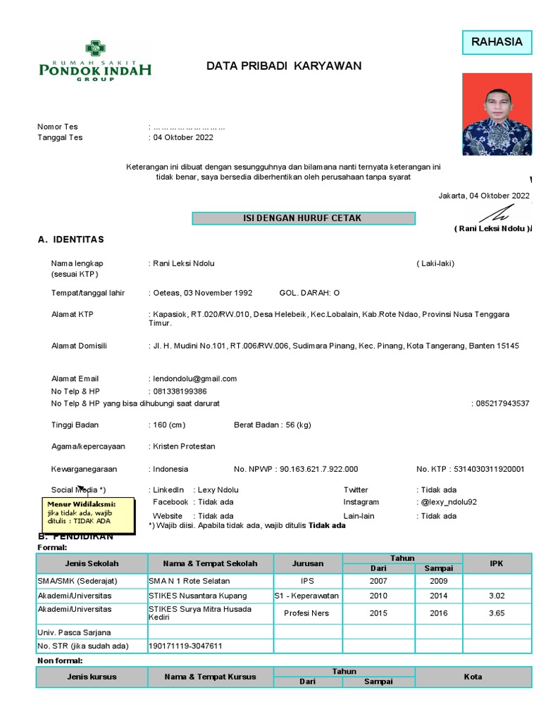 Form Biodata Karyawan RSPI (Update 4 Okt 2020) 4 Lembar | PDF