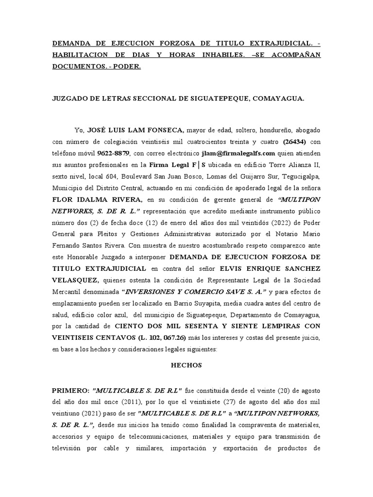 Siguatepque Demanda de Ejecucion Forzosa de Titulo Extrajudicial | PDF