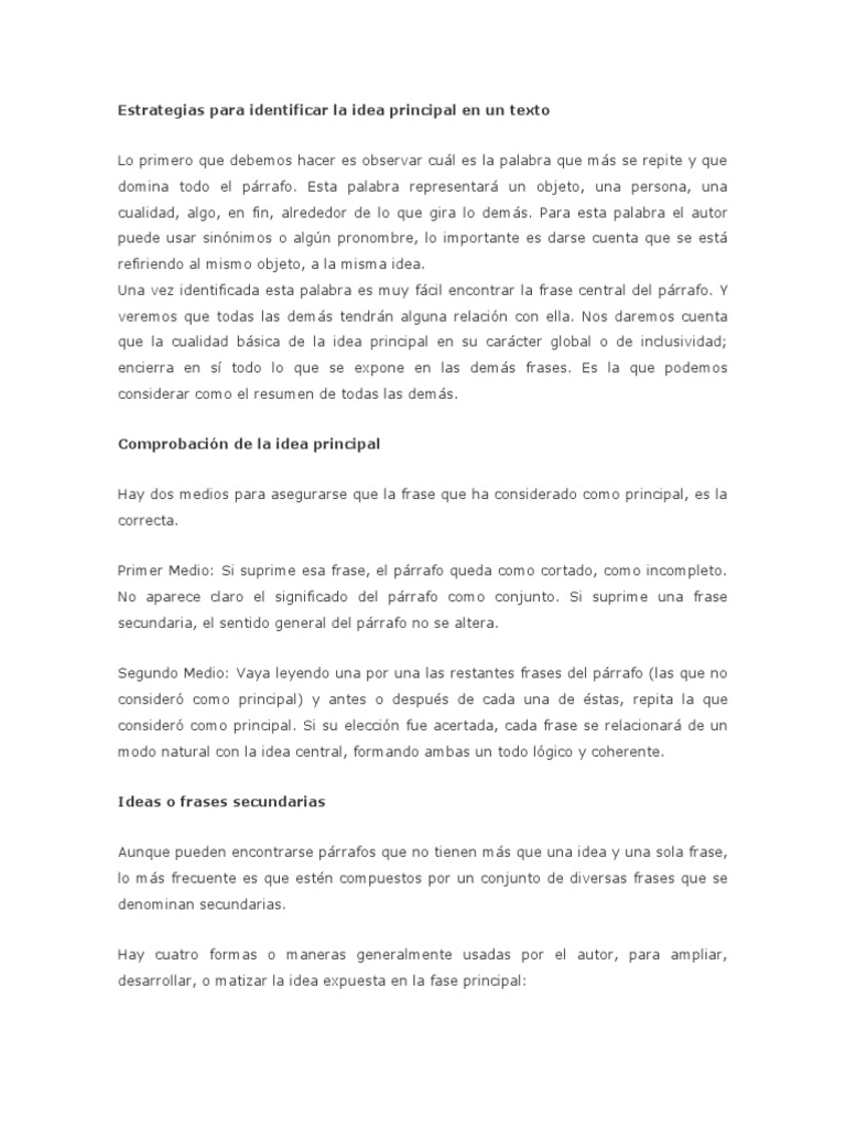 Estrategias para Identificar La Idea Principal en Un Texto | PDF ...
