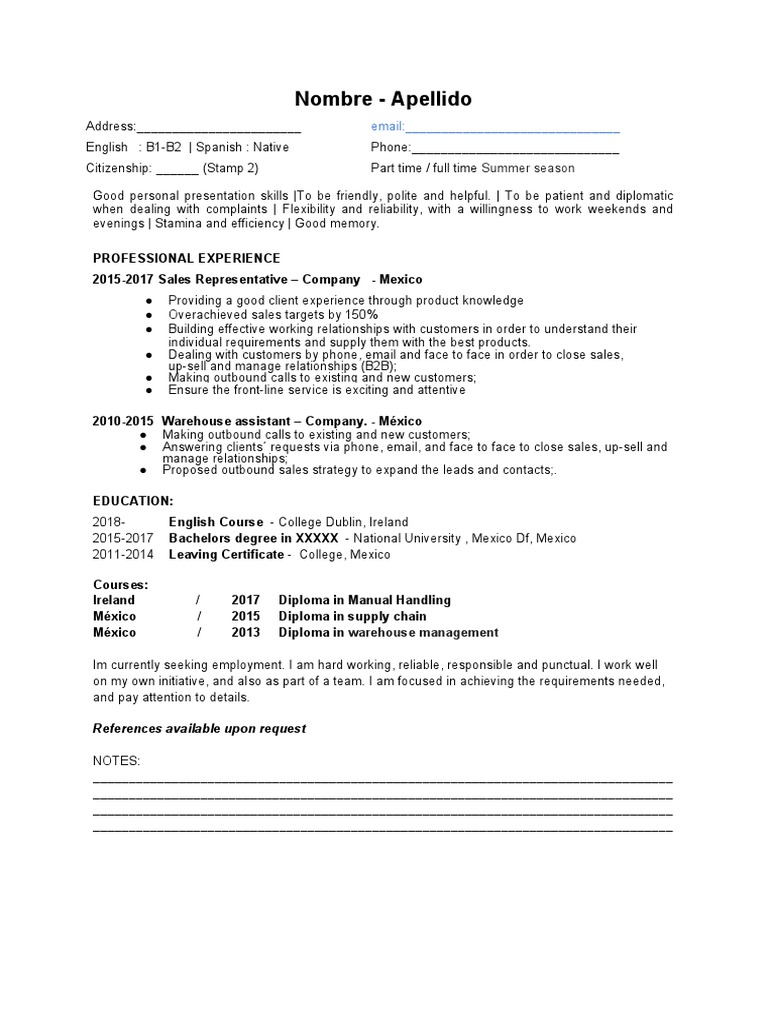 CV Para Irlanda PDF Sales Business